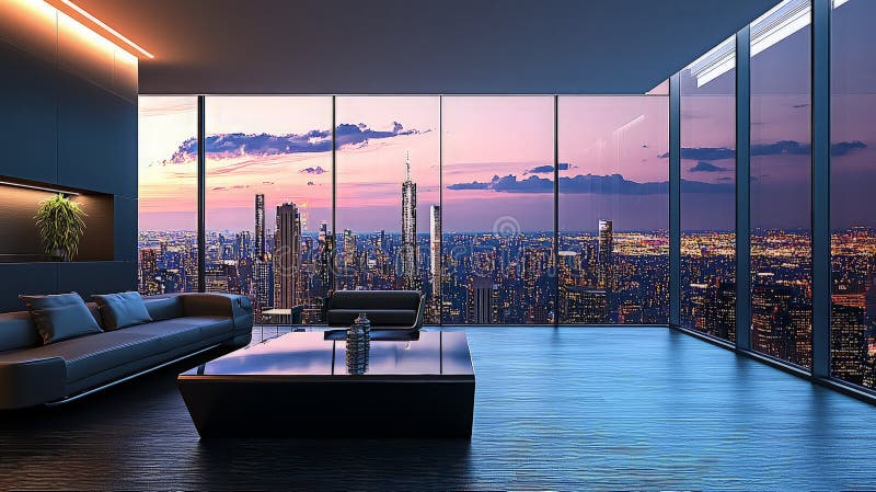 Modern Living Room with Panoramic City View at Sunset Stock Photo ...
