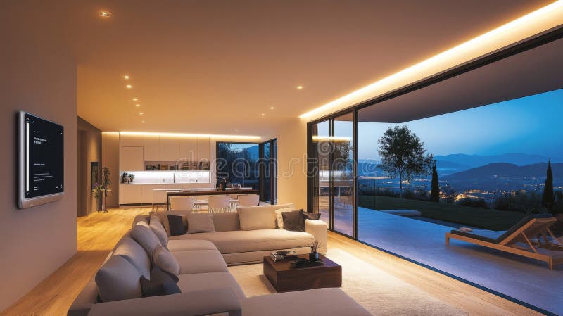 Modern Living Room with Panoramic Evening View Stock Illustration ...