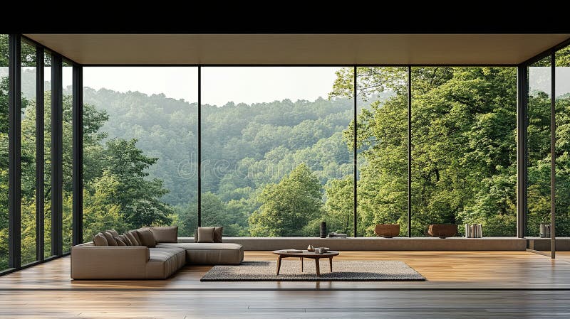 Modern Living Room with Panoramic Forest View Stock Illustration ...