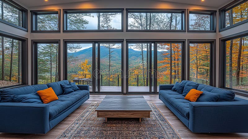 Modern Living Room with Panoramic Mountain Views Stock Illustration ...
