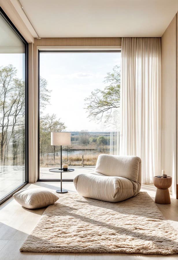 Modern Living Room with Panoramic Nature View Stock Image - Image of ...