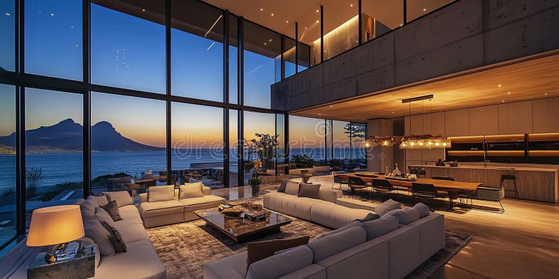 Modern Living Room with Panoramic Ocean View at Dusk Stock Illustration ...