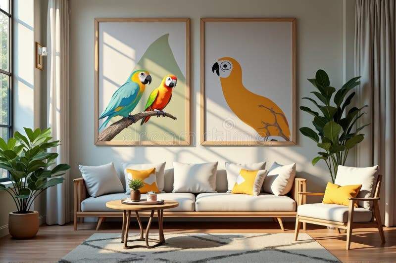 Modern Living Room with Parrot Artwork and Natural Light Decor Stock ...