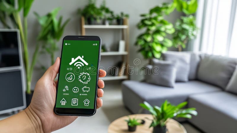 In a Modern Living Room, a Phone Displays a Smart Home App Stock Image ...