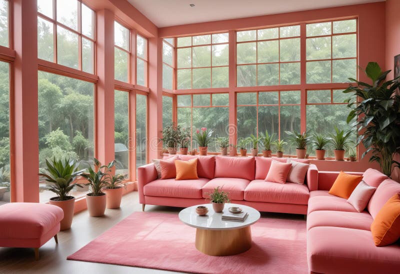 Modern Living Room in Pink and Orange Hues Stock Illustration ...
