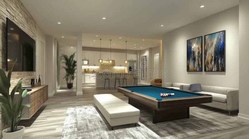 Modern Living Room with Pool Table and Kitchen View Stock Illustration ...