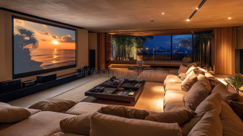 Modern Living Room with Projector Screen Showing Sunset Beach Scene ...