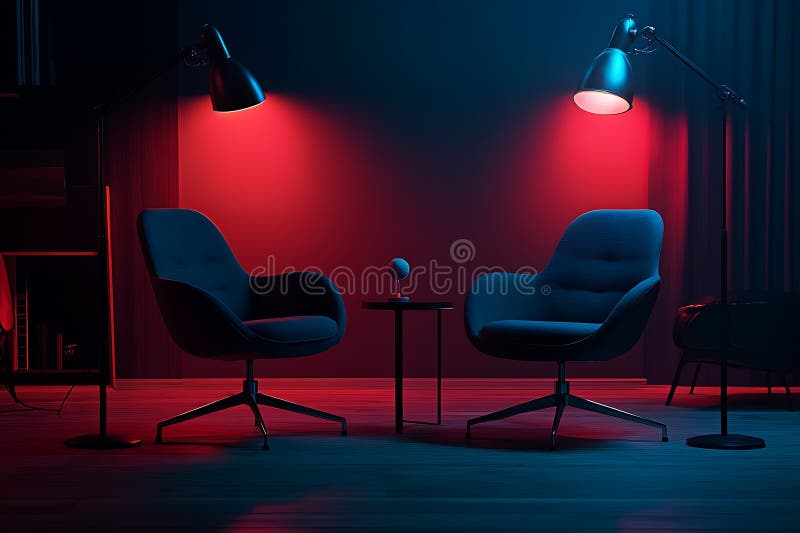 Modern Living Room with Red and Blue Lighting Stock Illustration ...