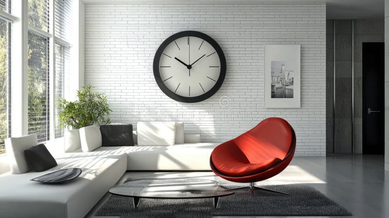Modern Living Room with Red Chair and Large Clock on White Brick Wall ...