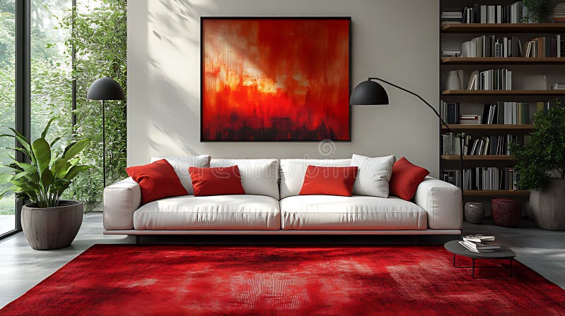 Modern Living Room with Red Rug, White Sofa, and Abstract Art Stock ...