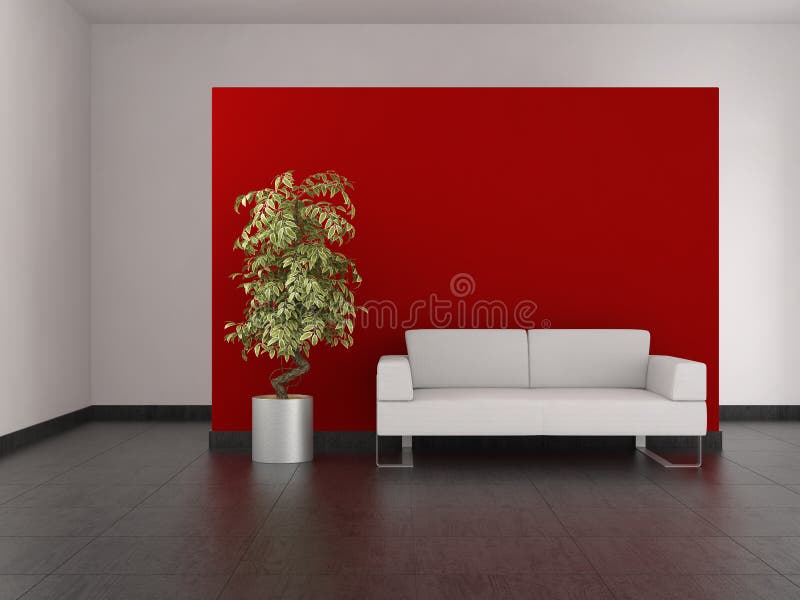 Modern Living Room with Red Wall and Tiled Floor Stock Illustration ...