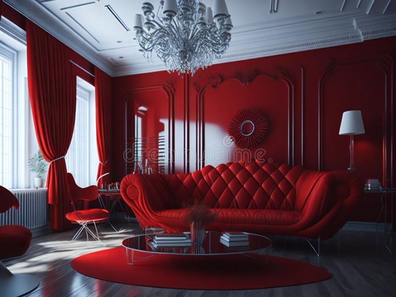 Modern Living Room Red and White Interior. Stock Illustration ...