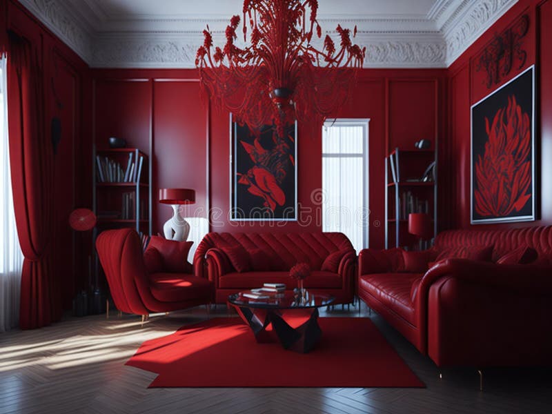 Modern Living Room Red and White Interior. Stock Illustration ...