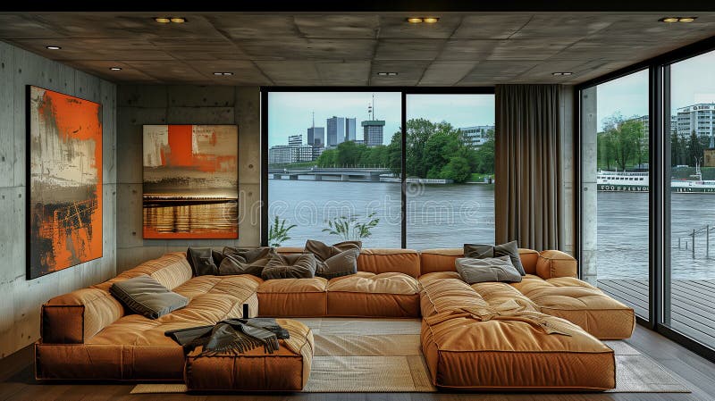 Modern Living Room with River View and Bold Art Stock Illustration ...