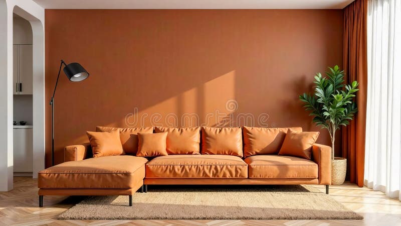 Modern Living Room with a Rust-colored Sofa and a House Plant ...