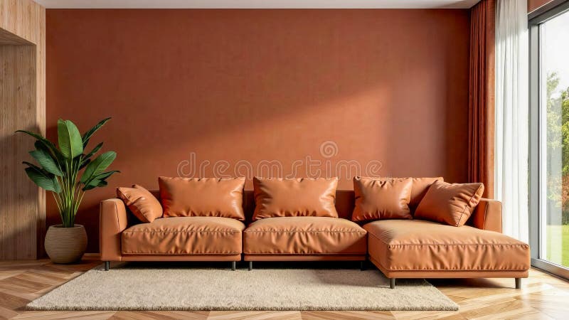 Modern Living Room with a Rust-colored Sofa and a House Plant ...