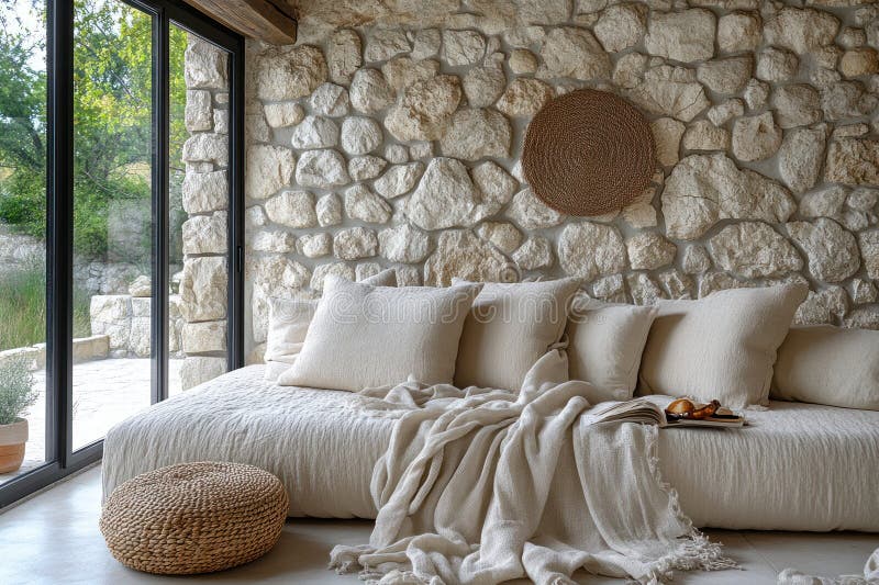 Modern Living Room with Rustic Beige Fabric Sofa and Stone Cladding ...