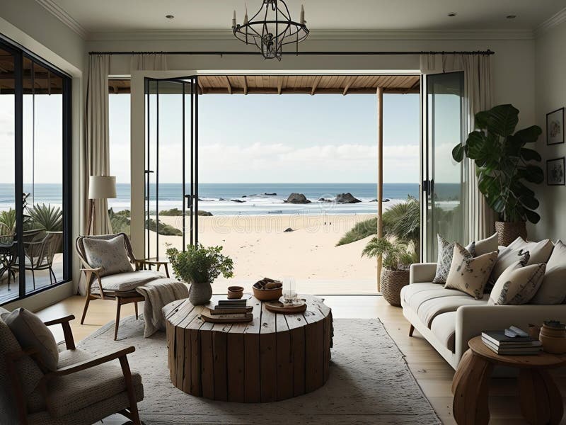 Modern Living Room with Sea View and Beach View. Generative Ai Stock ...