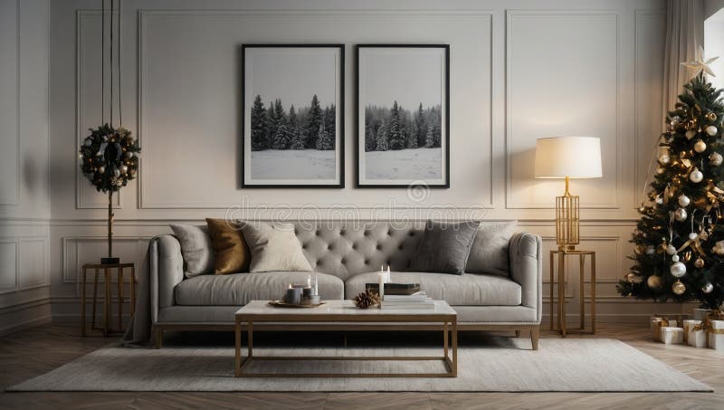 Modern Living Room with Sectional Sofa and Christmas Tree Stock ...