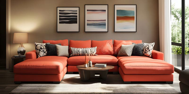 Modern Living Room Sectional Sofa 3D Render, Orange Fabric Couch with ...