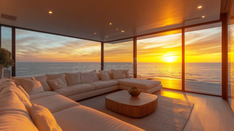 Modern Living Room with Sectional Sofa and Ocean Sunset View Stock ...