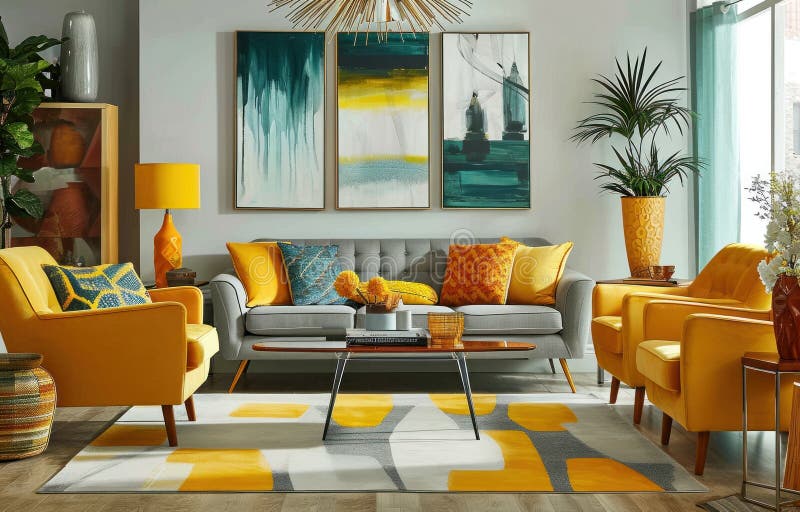 A Modern Living Room Set with Yellow Cushions and Yellow Pillows Stock ...