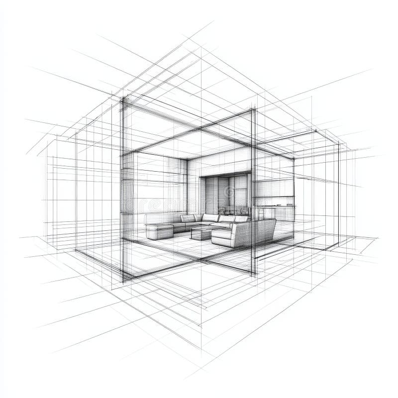 A Modern Living Room with a Sketch Overlay of an Architectural Design ...