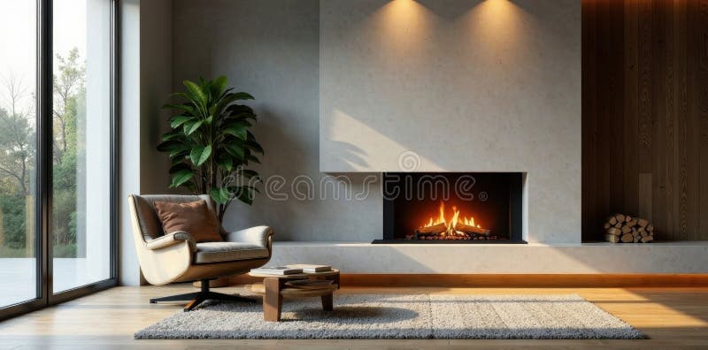 Modern Living Room, Sleek Fireplace, Comfy Chair, Texture, Black ...