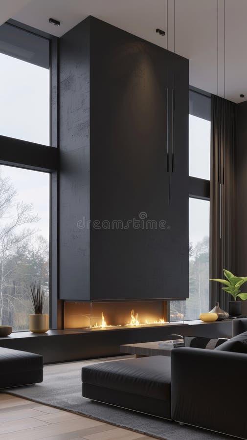 Modern Living Room with Sleek Fireplace and Panoramic Windows ...