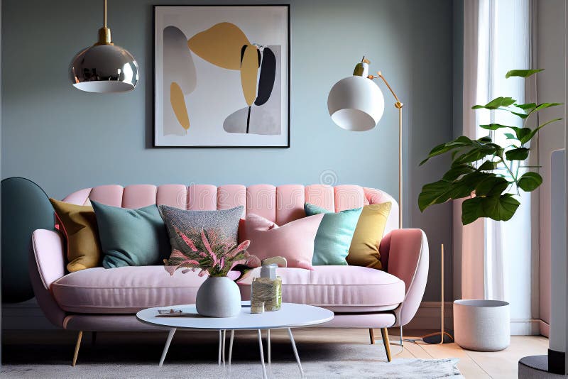 Modern Living Room with Sofa Pastel Color Stock Illustration ...