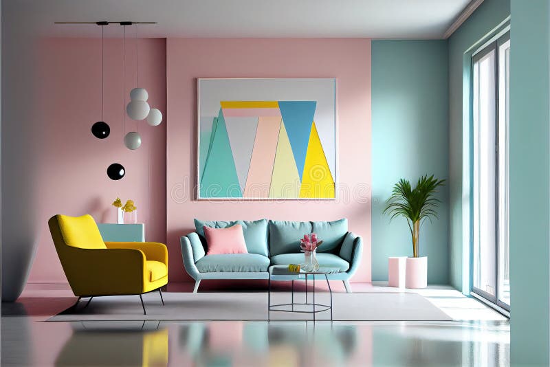 Modern Living Room with Sofa Pastel Color Stock Illustration ...