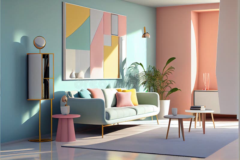 Modern Living Room with Sofa Pastel Color Stock Illustration ...