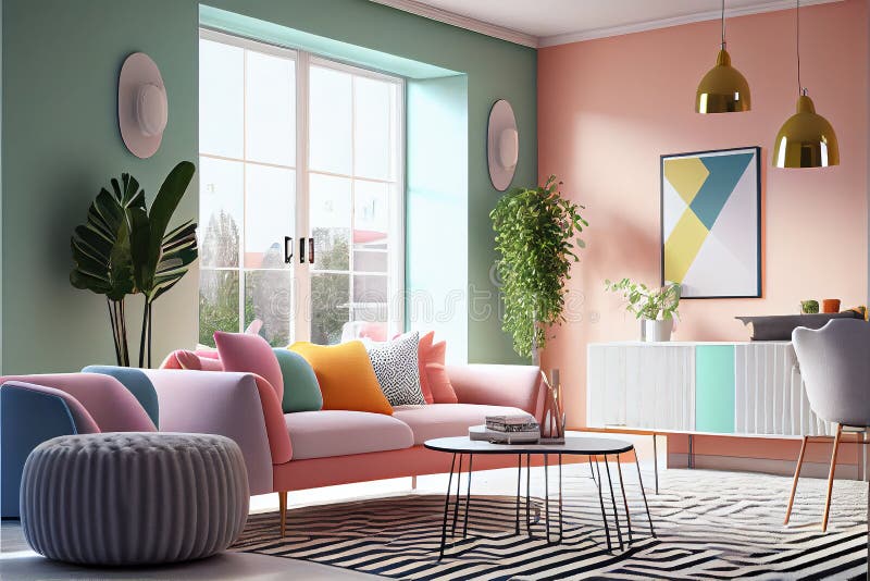 Modern Living Room with Sofa Pastel Color Stock Illustration ...