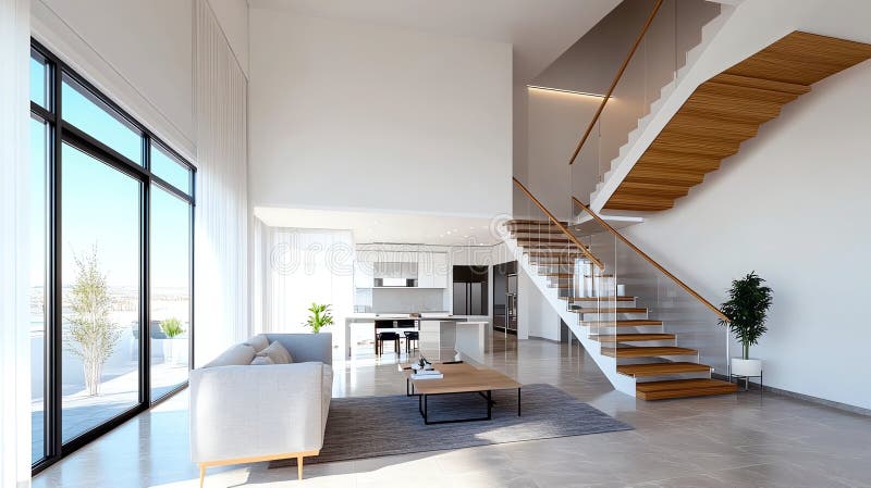 Modern Living Room with Staircase and Large Windows, Bright and Airy ...