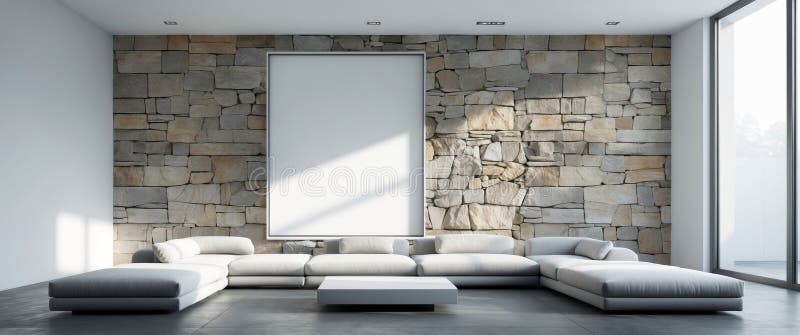Modern Living Room with Stone Wall and Blank Frame Stock Photo - Image ...