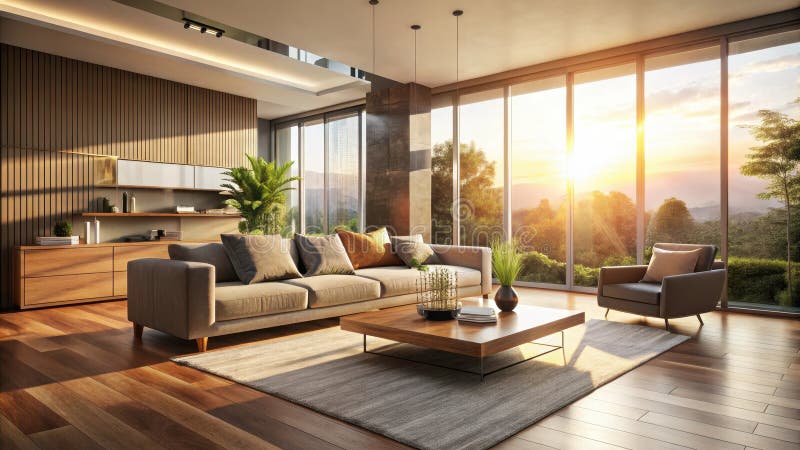Modern Living Room with Sunset View and Hardwood Floors. Generative AI ...
