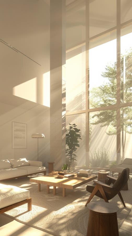 Modern Living Room with Tall Windows and Sun Rays, Minimalist Interior ...
