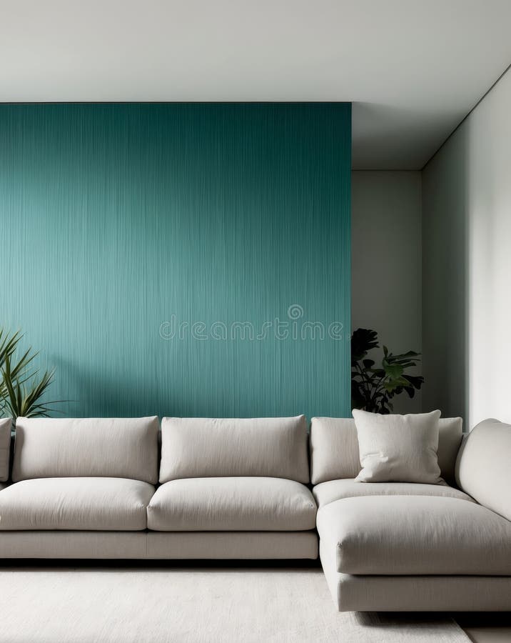 Modern Living Room Teal Textured Wall L Shaped Sectional Sofa Stock ...