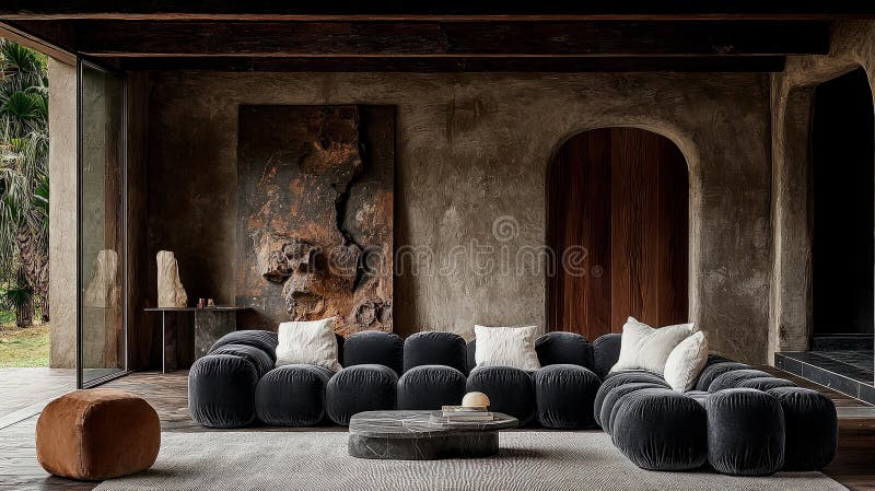 Modern Living Room with Textured Sofa and Art Stock Photo - Image of ...