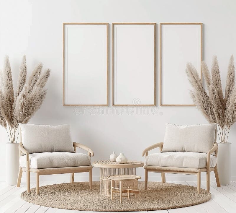 Modern Living Room with Three Blank Vertical Frames on Wall Stock ...