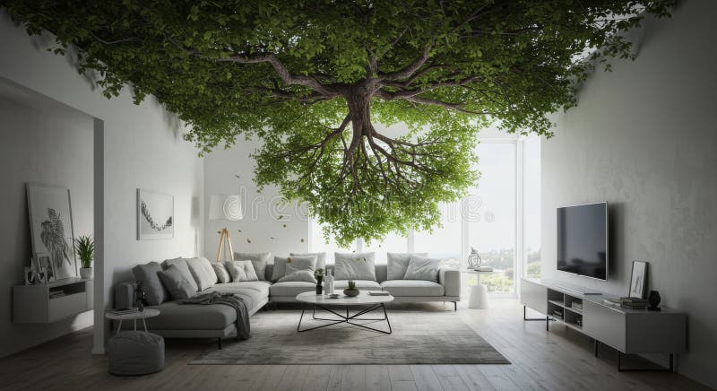 Modern Living Room with Unique Hanging Tree Ceiling Design Stock Photo ...