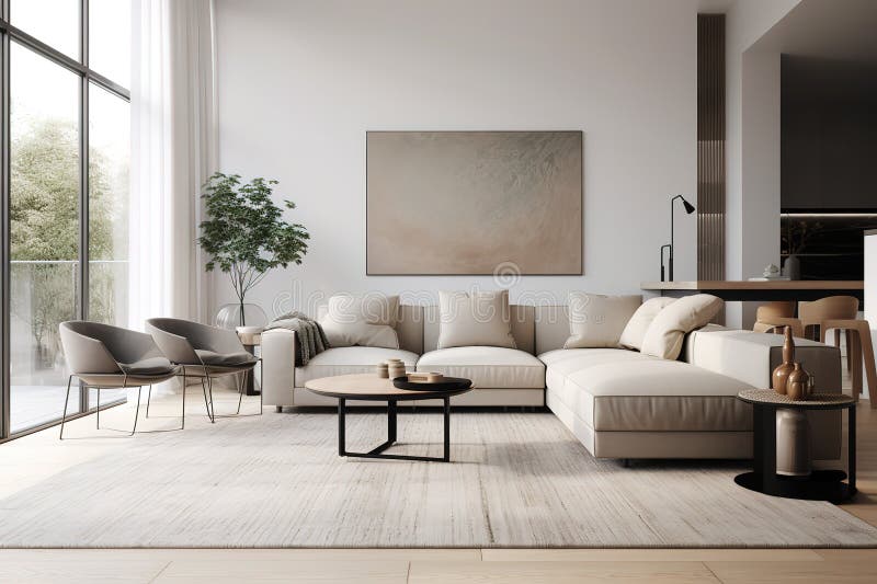 Modern Living Room with Vacant White Wall and Beige Couch,. Generative ...