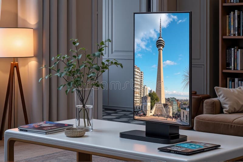 Modern Living Room with Vertical Smart Tv Displaying Urban Skyline ...