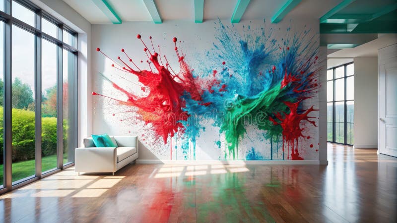 Modern Living Room with Vibrant Abstract Paint Splash Mural. Generative ...