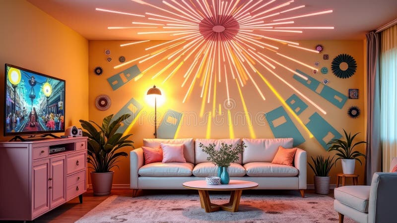 Modern Living Room with Vibrant Accent Wall and Led Ceiling Light Art ...