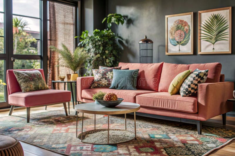 Modern Living Room with a Vibrant Color Palette Stock Illustration ...