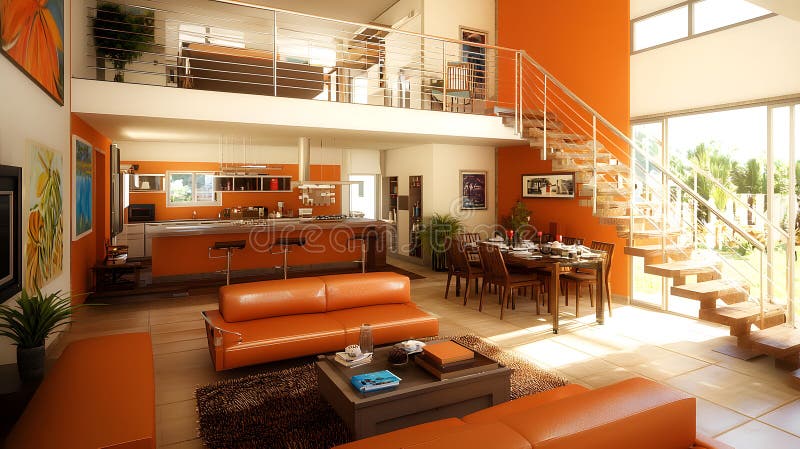 Modern Living Room with Vibrant Orange Accents Stock Illustration ...