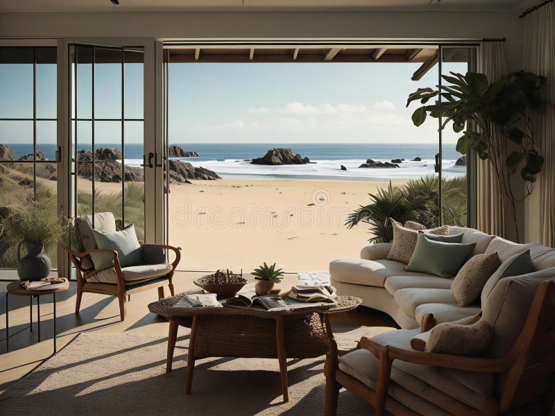 Modern Living Room with View on the Beach. Generative Ai Stock ...
