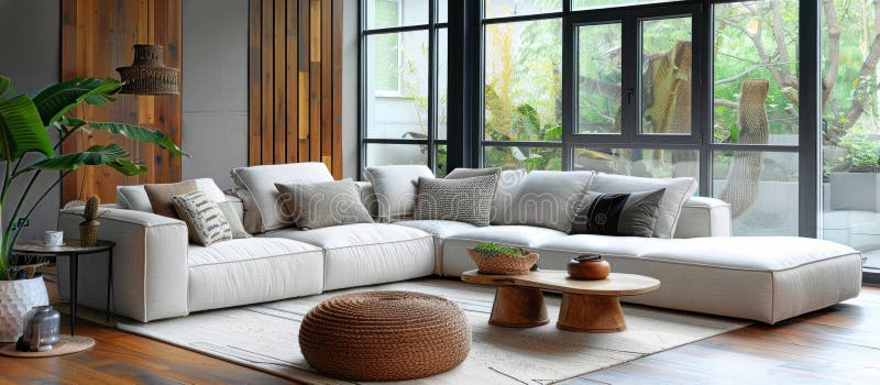 Modern Living Room with White Couch and Wooden Floor Stock Image ...