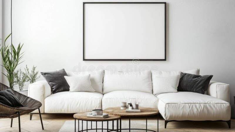 Modern Living Room with White Sectional Sofa and Empty Framed Artwork ...